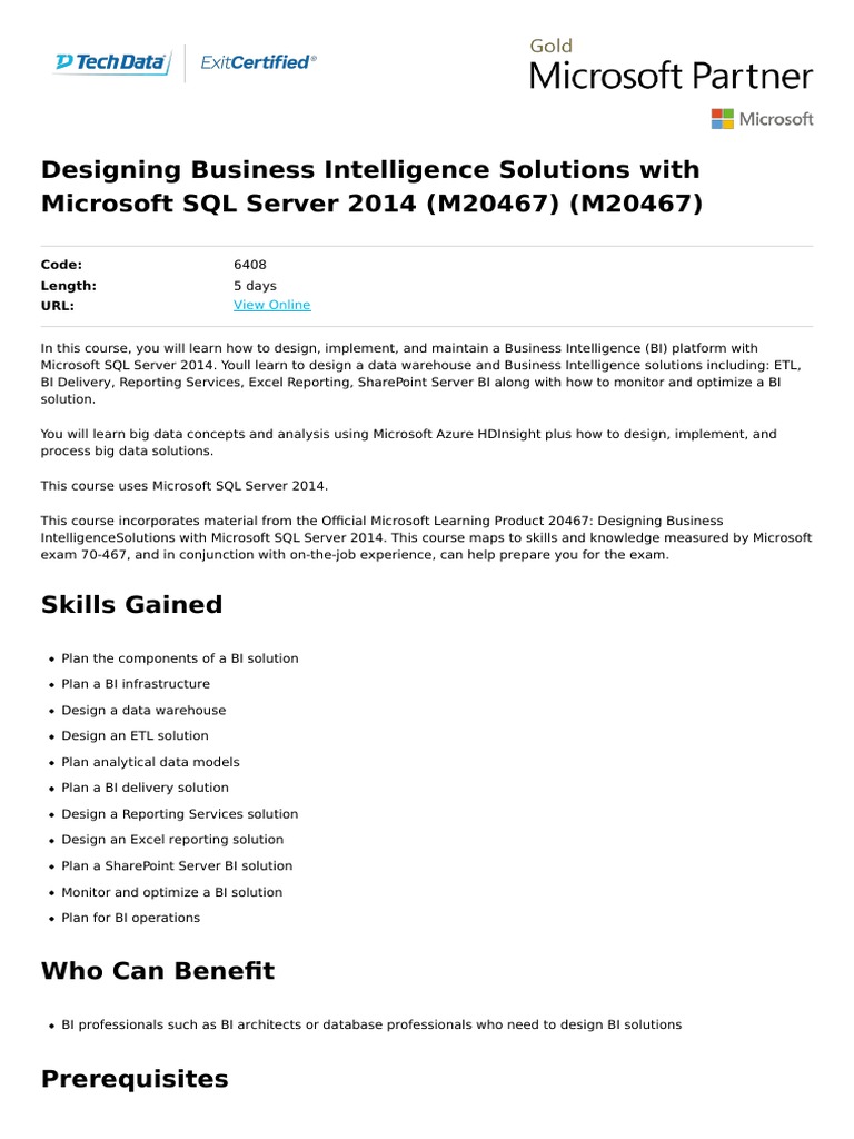 Designing Business Intelligence Solutions With Microsoft SQL Server 2014 m20467 m20467 ...
