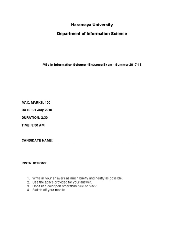 MSC Entrance Exam Question-1 | PDF | Information | Information Science