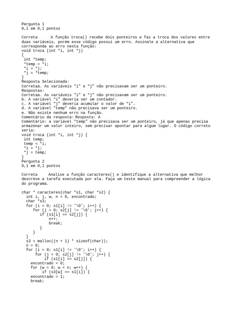Questionario Linguagem e Tecnicas de Programação VI | PDF | Ponteiro ...
