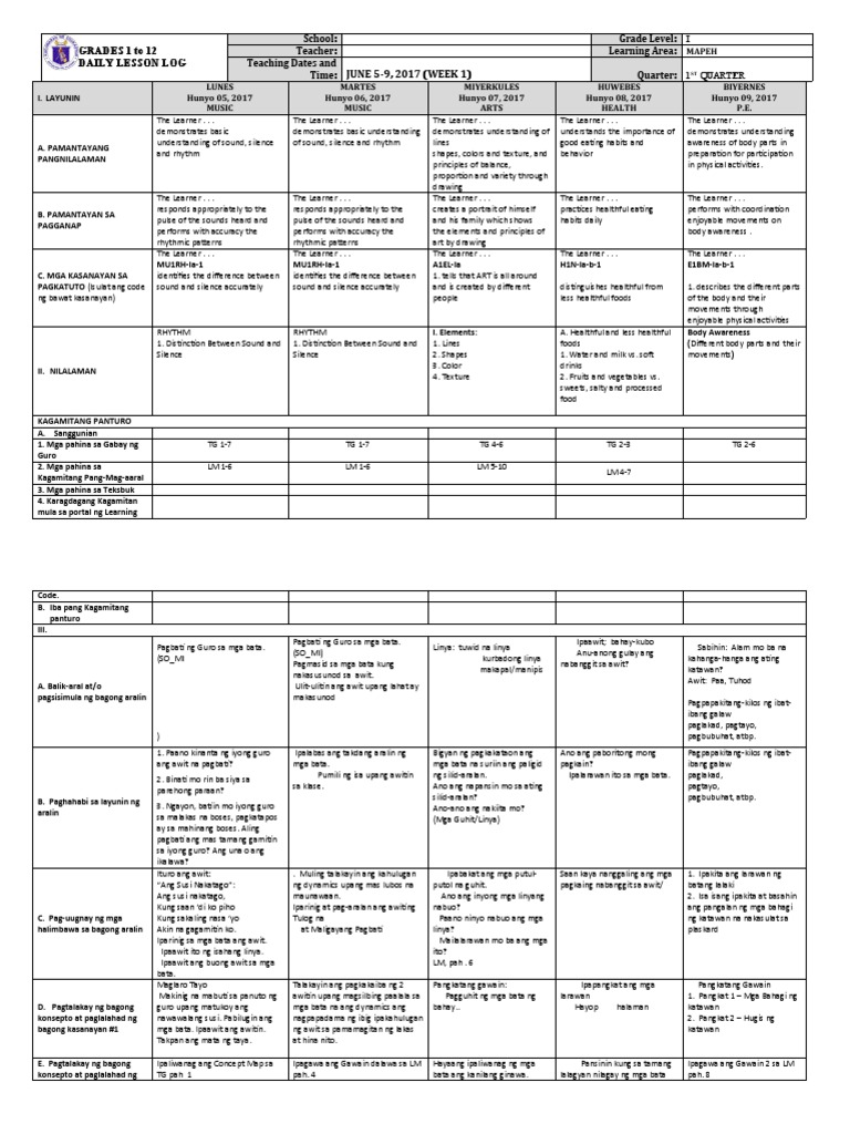 Grade 1 MAPEH DLL 1 - Q1 - W1 | PDF