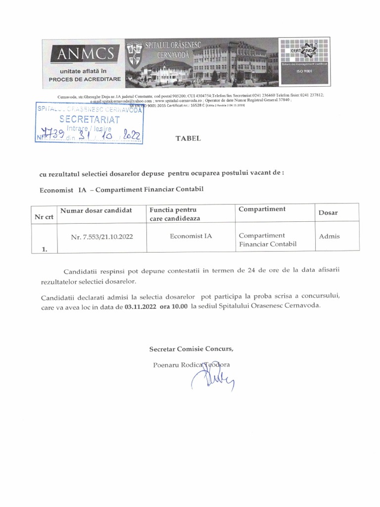 Tabel Selectie Dosare Concurs | PDF