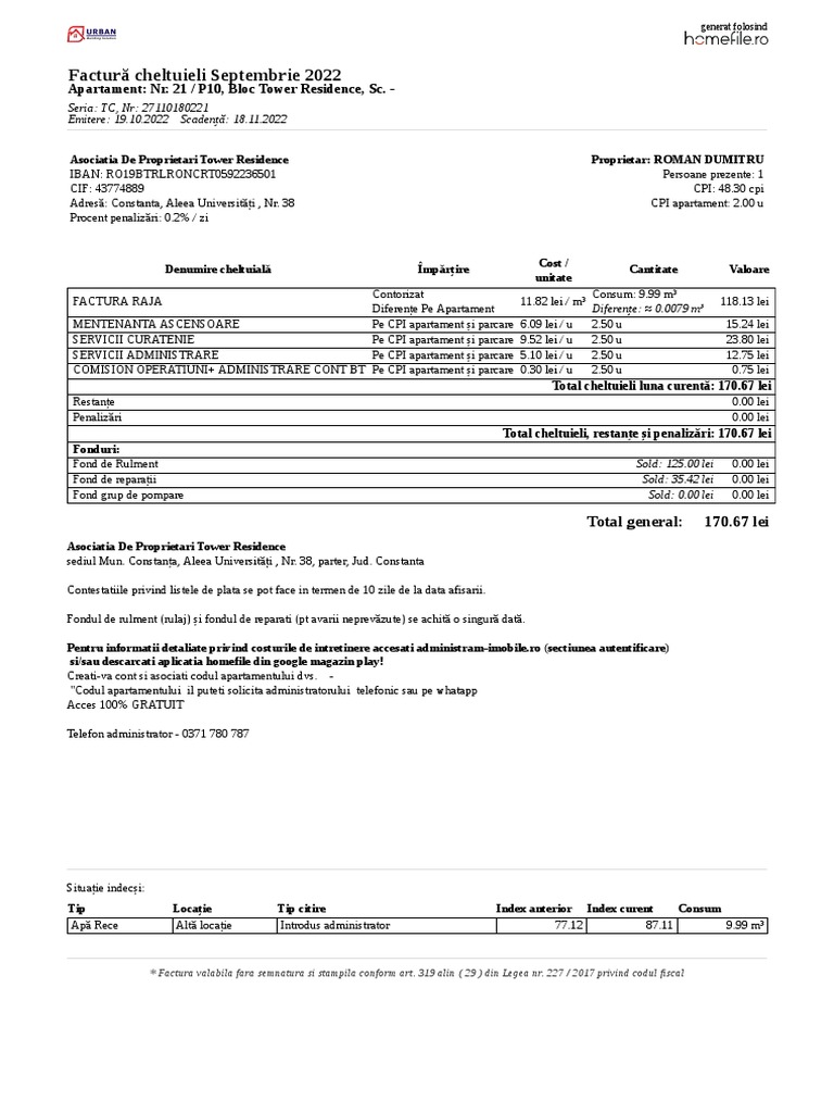 Cheltuieli Septembrie 2022 BL Tower Residence AP 21 P10 | PDF