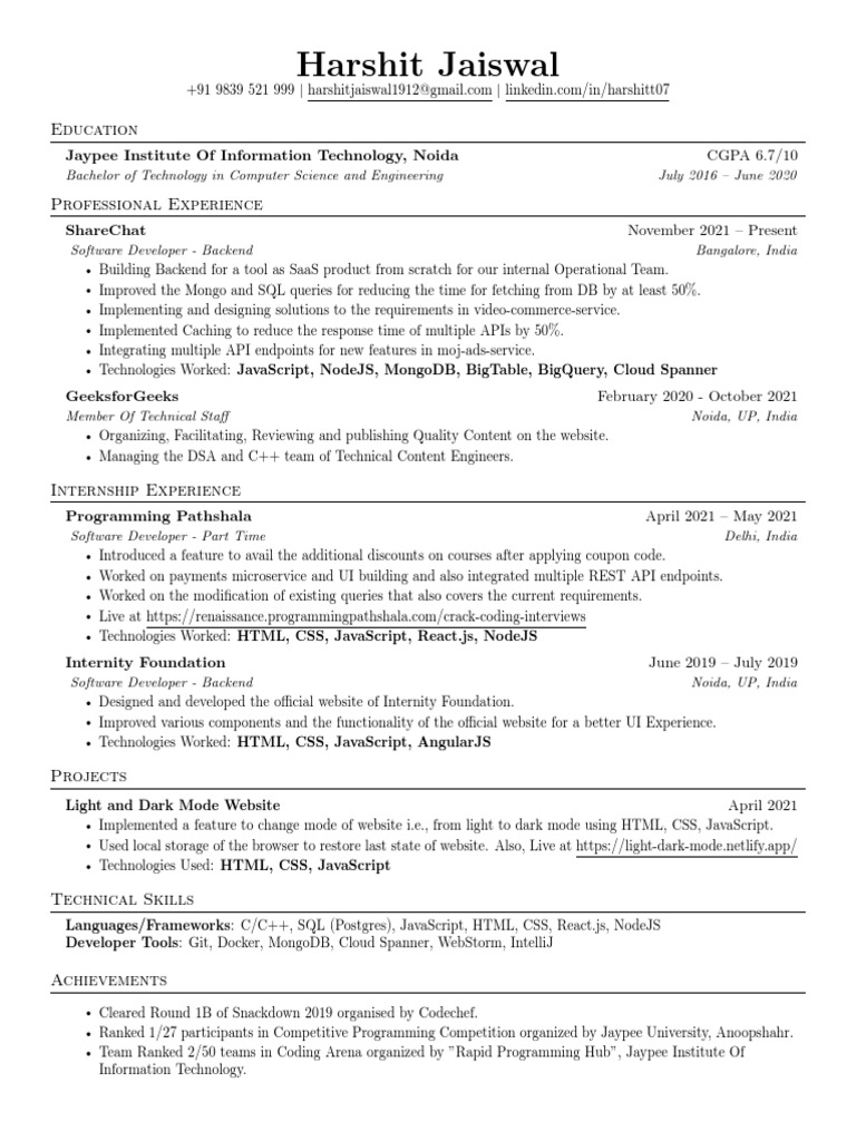 Harshit Jaiswal: Education | PDF | Java Script | Cloud Computing