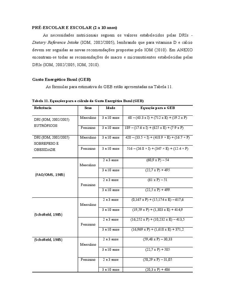 FÓRMULAS DRIs PARA CÁLCULO DO GEB E DO GET | PDF