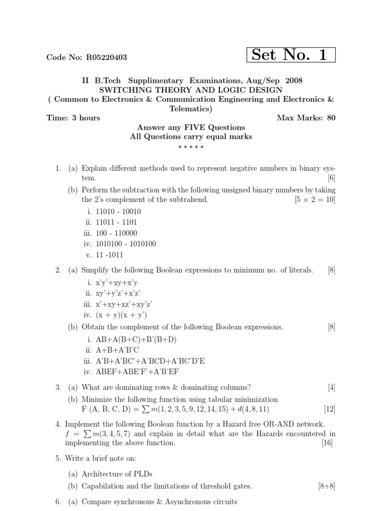r05220403 Switching Theory and Logic Design | PDF | Logic Gate ...