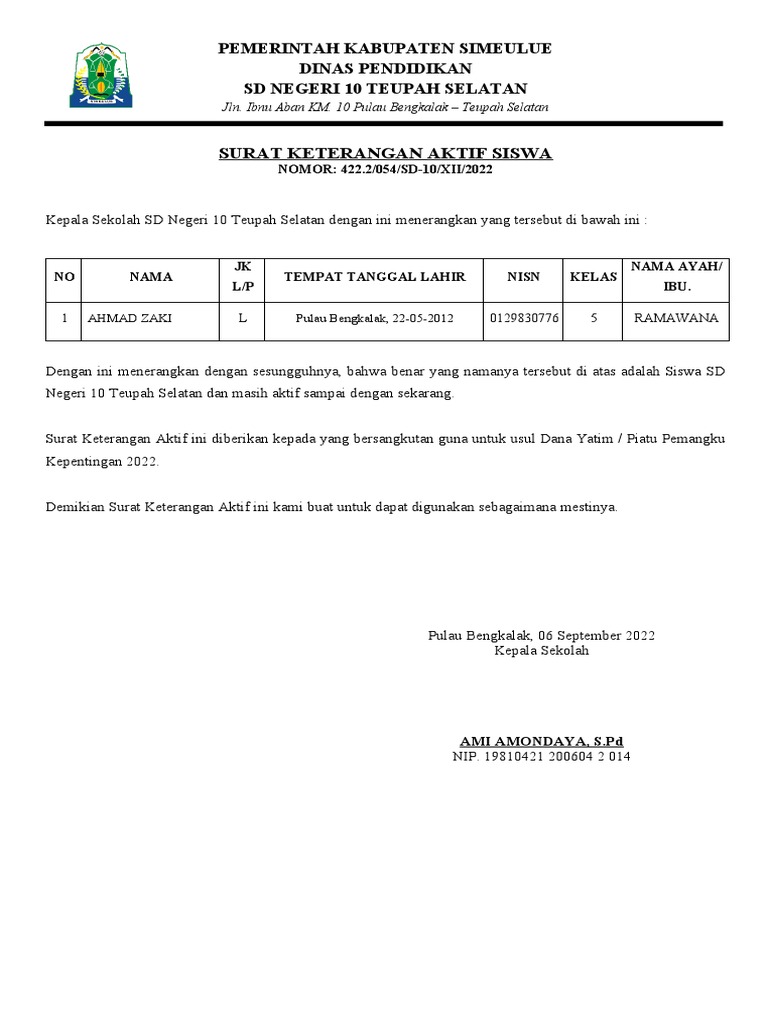 Surat Keterangan Aktif Siswa - Penarikan Dana Pip 2021 | PDF