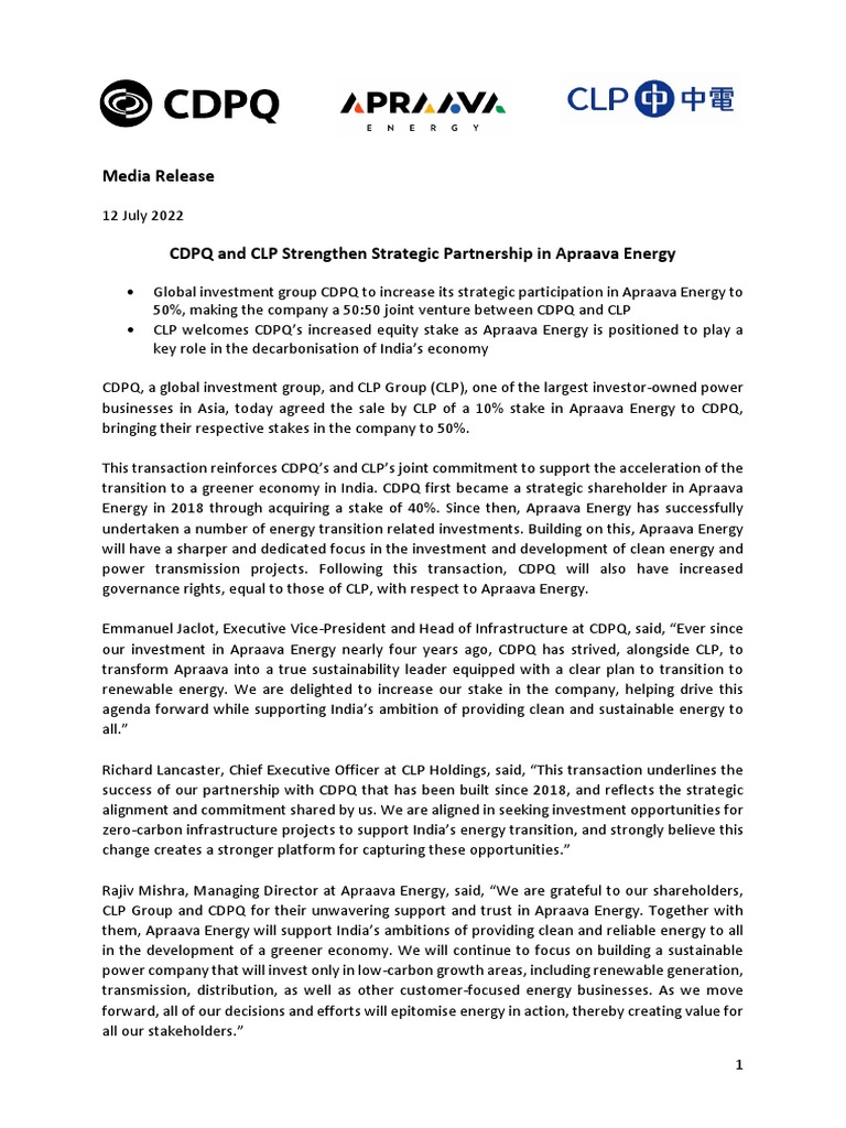 Press Release - CDPQ in Apraava Energy - 12 7 2022 | PDF | Economies ...