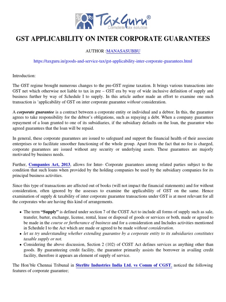 GST Applicability On Inter Corporate Guarantees - Taxguru - In-1 | PDF ...