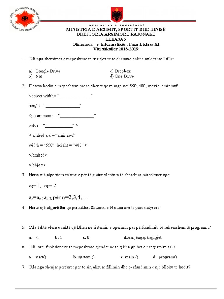 Olimpiada e Informatikës Klasa XI Faza I Viti Shkollor 2018-2019 | PDF