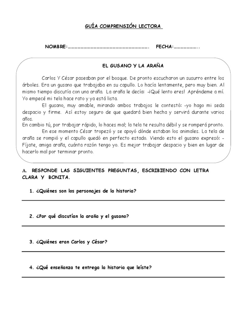 Guía de Comprensión: El Gusano y la Araña | PDF