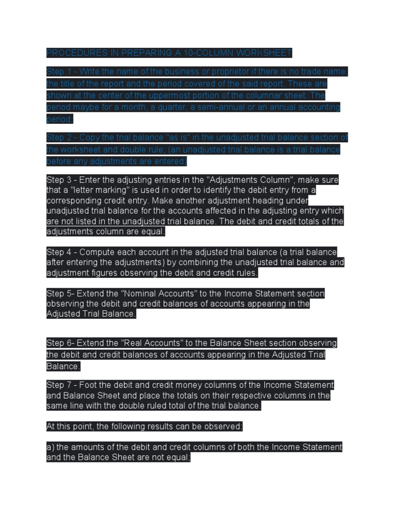 A Step-by-Step Guide to Preparing a 10-Column Worksheet | PDF | Debits ...