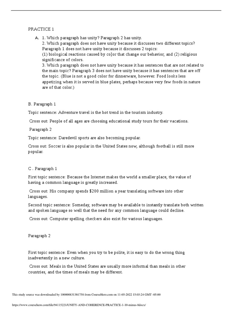 UNITY AND COHERENCE PRACTICE 1 10 Minus 8 | PDF | Wellness | Science ...