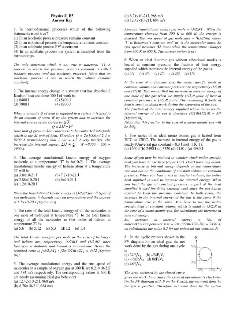 Thermodynamics Answer Key Overview | PDF | Gases | Temperature