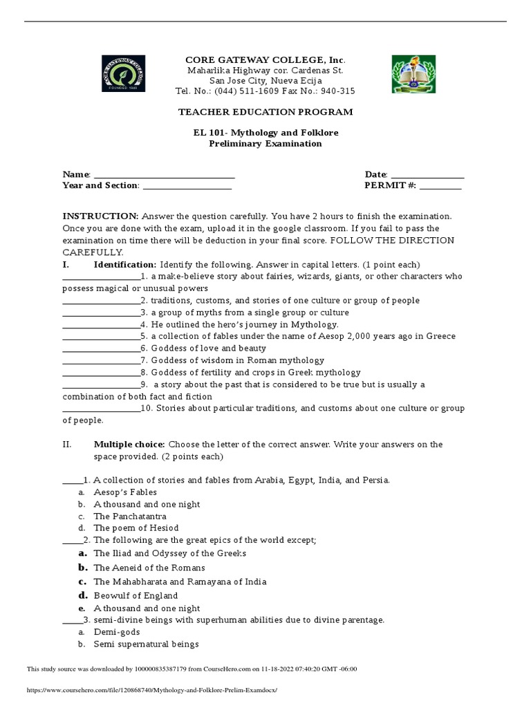 Mythology and Folklore Exam Guide | PDF | Greek Mythology | Folklore