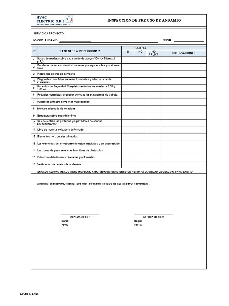 SSOMA-P04.01-F01 Inspeccion de Pre Uso Andamio Rev. 0 | PDF