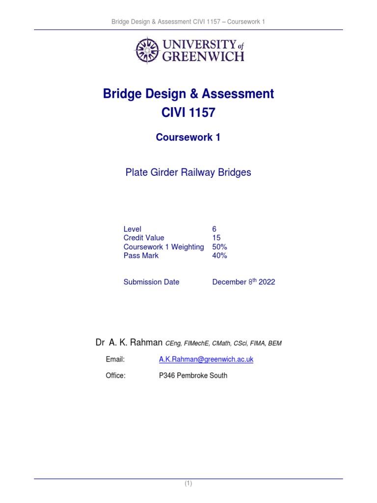 CIVI 1157 - Bridge Design and Assessment - Coursework 1 - Plate Girder ...