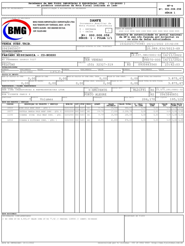Nota Fiscal de Produtos Cárneos BMG Foods | PDF | Recibo | Mercado ...