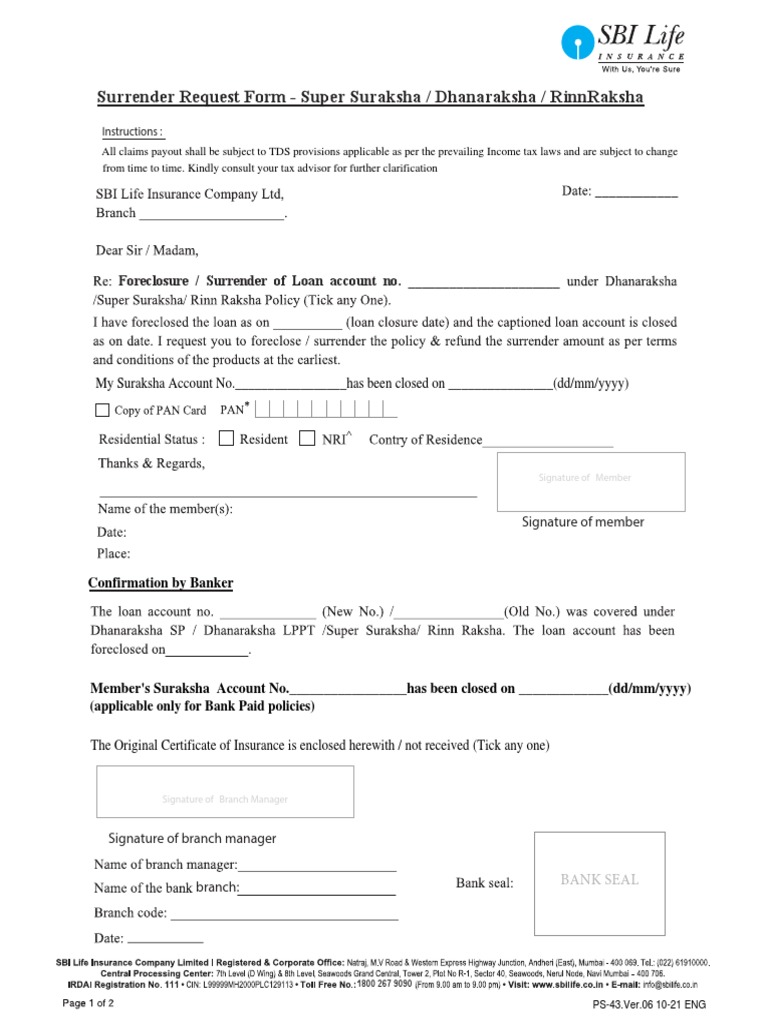Group Product Surrender Request Form English 21102021 | PDF | Banks ...