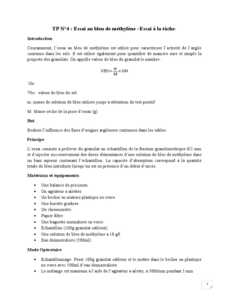TP N°4: Essai Au Bleu de Méthylène - Essai À La Tâche | PDF