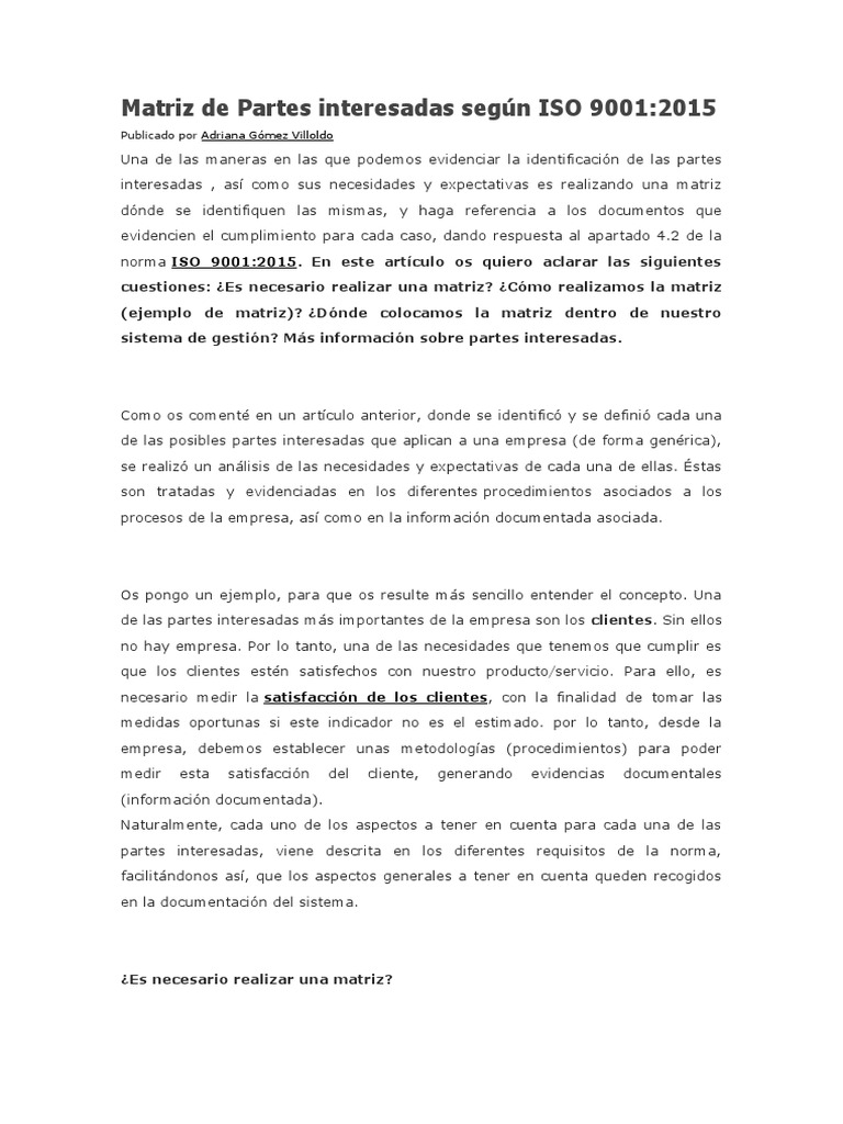 Matriz de Partes Interesadas Según ISO 9001 | PDF | Business | Matriz ...
