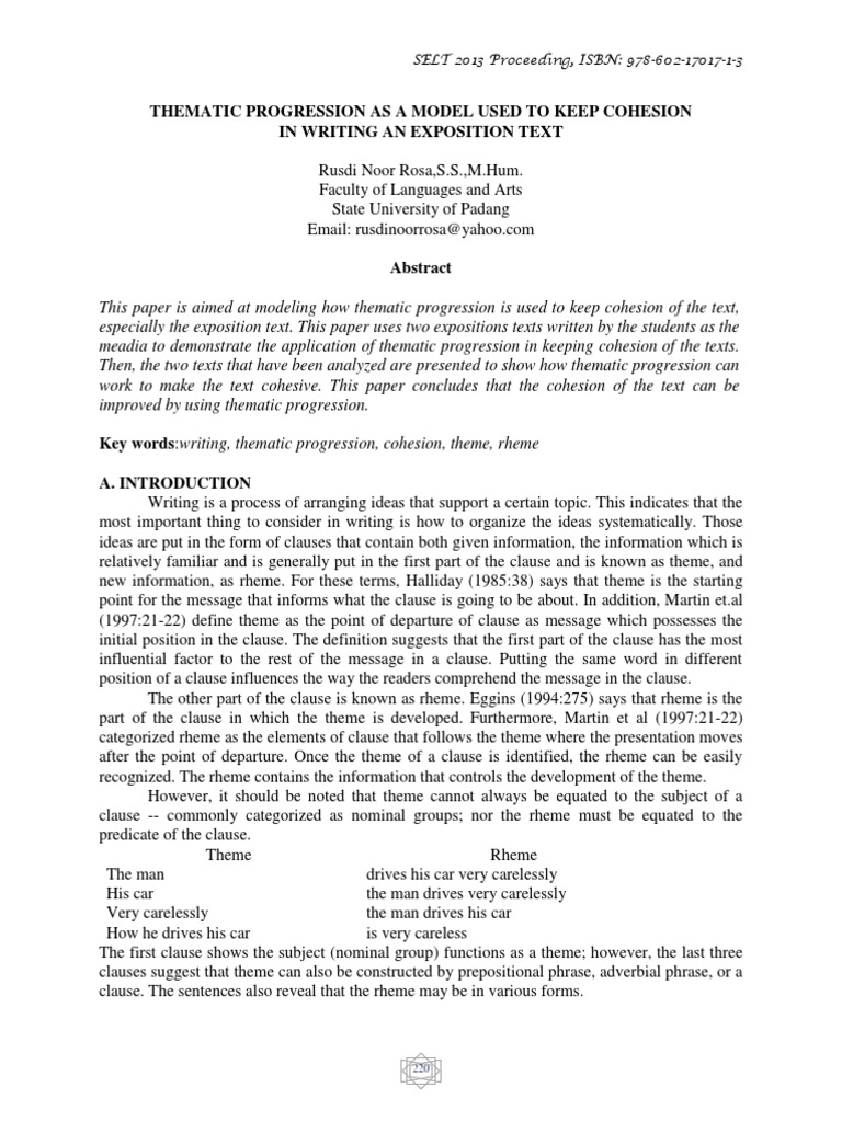 Thematic Progression in Exposition Texts | PDF | Clause | Subject (Grammar)