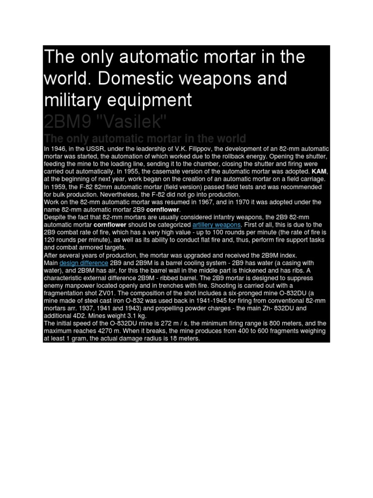 82mm Automatic Mortar 2B9 "Vasilek" Overview | PDF | Mortar (Weapon ...