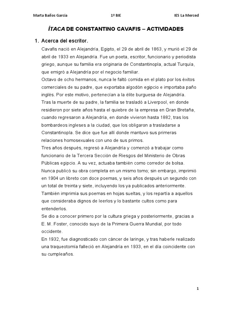 Análisis del poema Ítaca de Constantino Cavafis | PDF