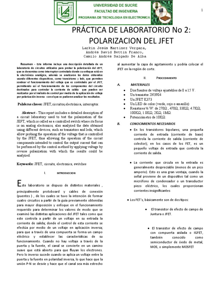 INFORME ELECTRONICA II Jfet | PDF | Transistor de efecto de campo | Corriente eléctrica