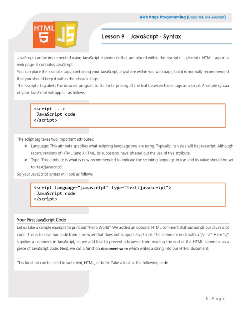 Lesson 9 Javascript Syntax Pdf Html Java Script 