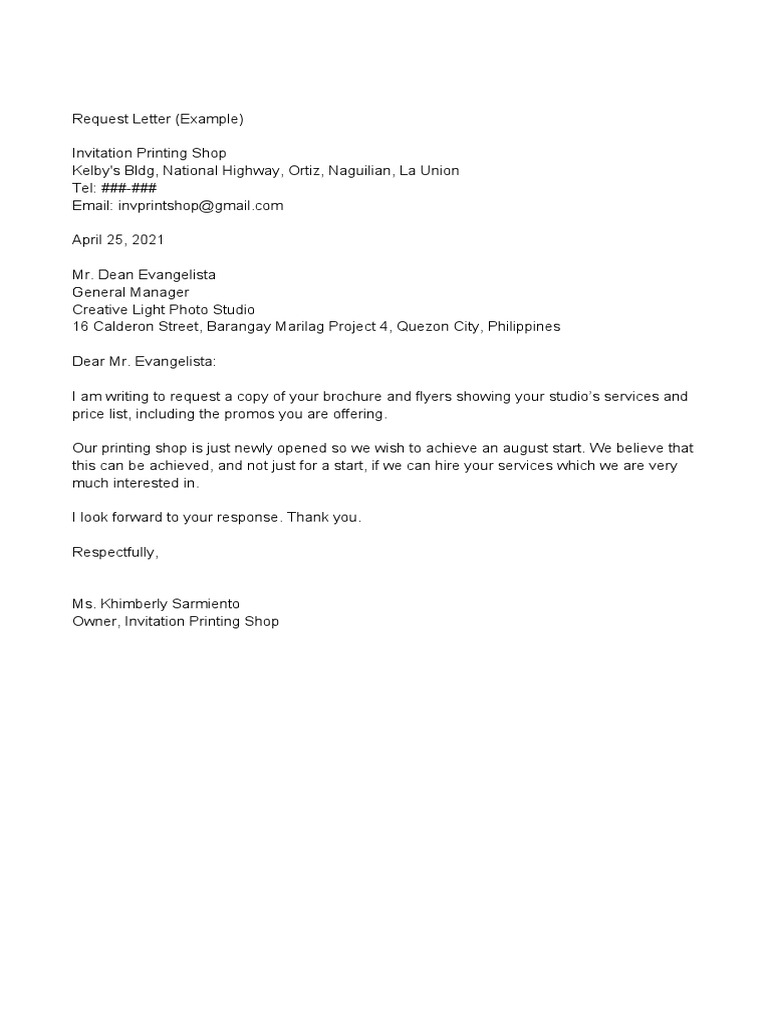 Request Letter for Studio Services | PDF
