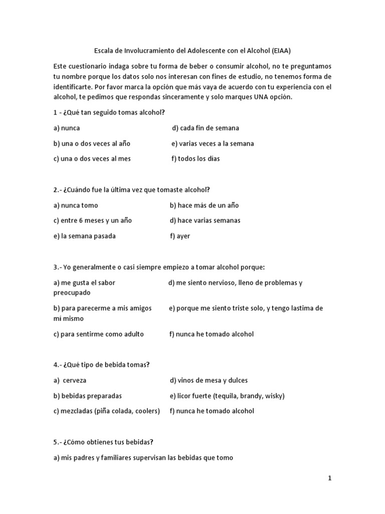 Escala de Involucramiento Del Adolescente Con El Alcohol | PDF
