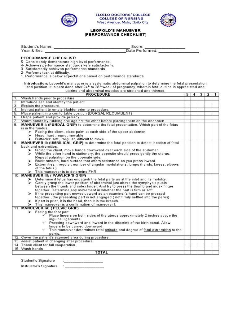 Leopolds Manuever CHECKLIST | PDF | Uterus | Clinical Medicine
