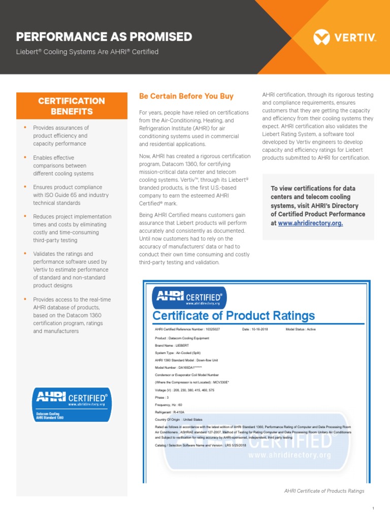 Liebert Cooling Systems AHRI Certified Data Sheet All LATAM | PDF