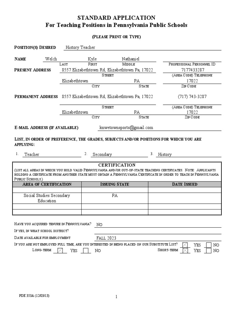 Pennsylvania History Teacher Application | PDF | Criminal Record | Teachers