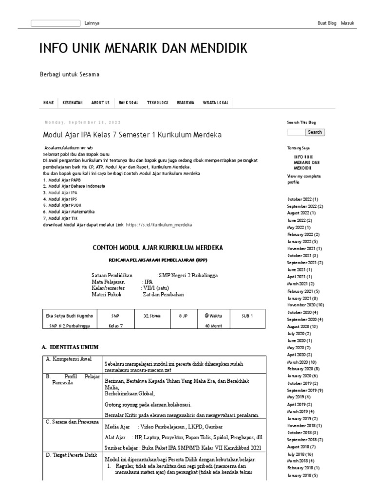 INFO UNIK MENARIK DAN MENDIDIK - Modul Ajar IPA Kelas 7 Semester 1 ...