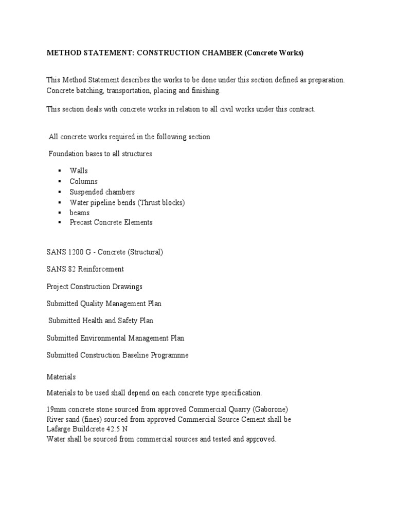 Method Statement Construction of Chambers-Concrete Works | PDF