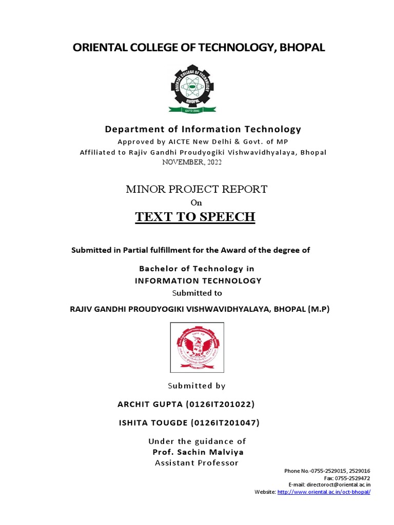 Project Report1 | PDF | Speech Synthesis | Optical Character Recognition