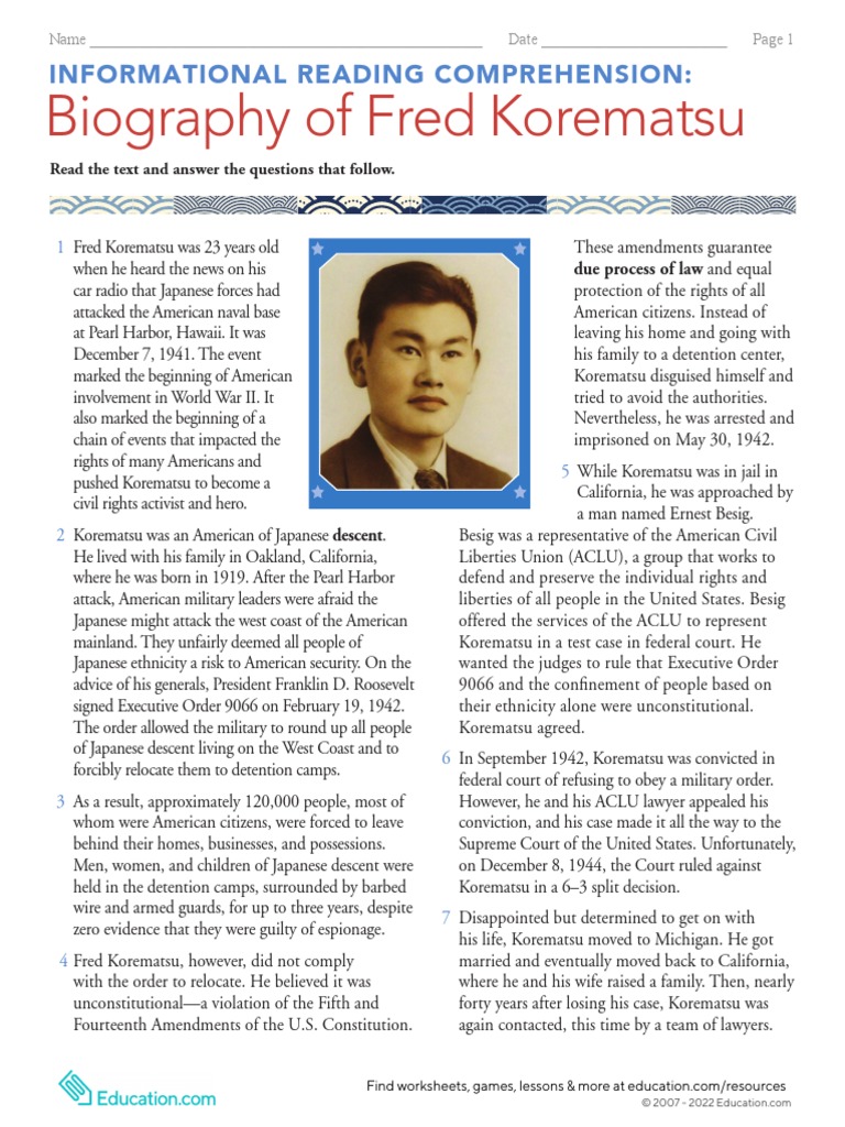 Informational Reading Comprehension Biography of Fred Korematsu | PDF ...