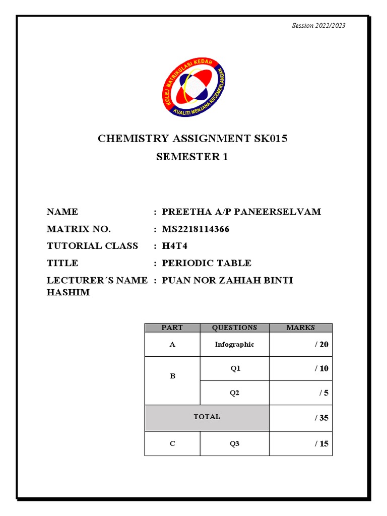 CHEMISTRY ASSIGNMENT SK015 COVER PAGE PDF