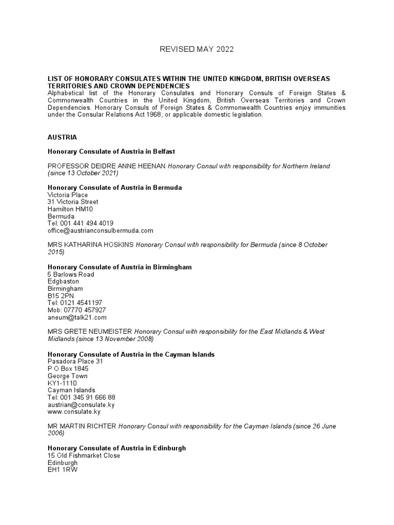 Honorary Consuls List - May 2022 | PDF | National Security | Government