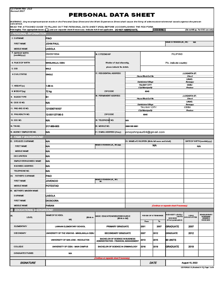 Personal Data Sheet Template Guide | PDF | Passport | Crime & Violence