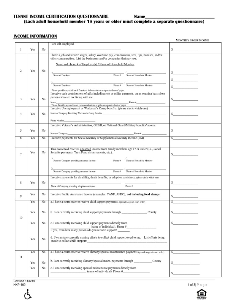 Tenant Income Questionnaire | PDF
