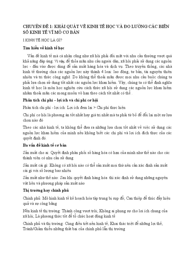 CHUYÊN-ĐỀ-1- Btx.Bai tap tom tat chuyen de kinh tế học năm 1 | PDF