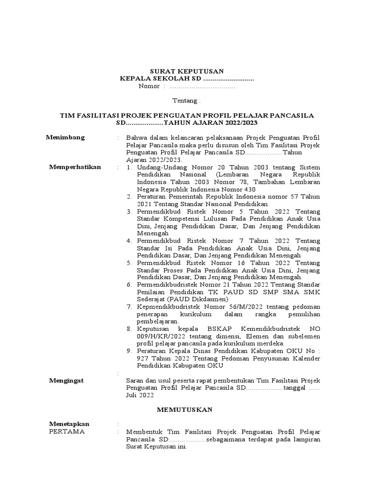 SK Tim Fasilitasi P5 SD 2022/2023 | PDF