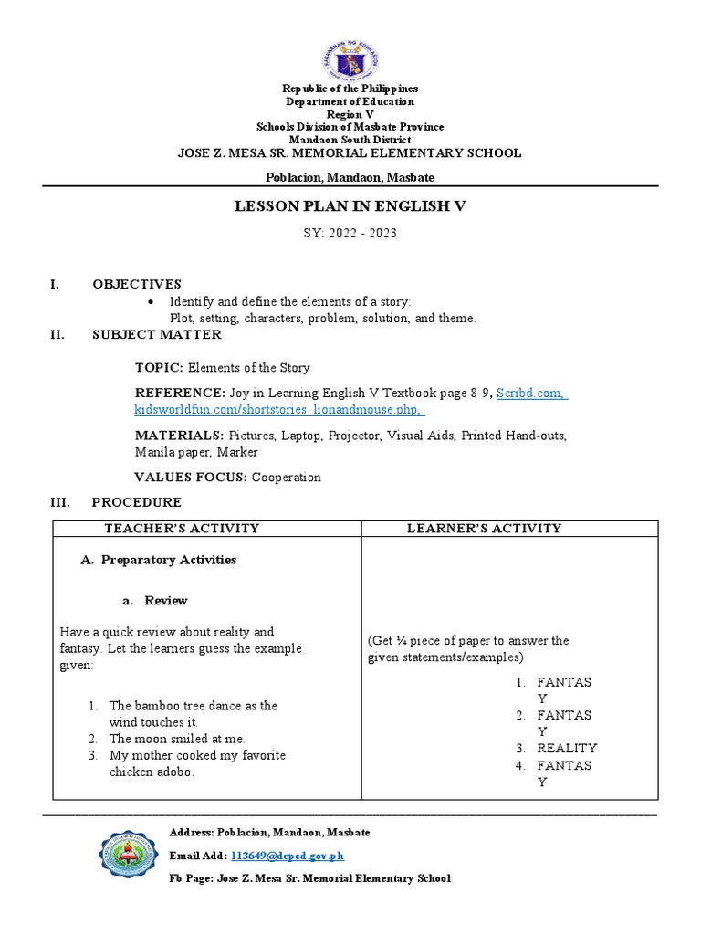 Lesson Plan: Story Elements for Grade 5 | PDF | Little Red Riding Hood ...