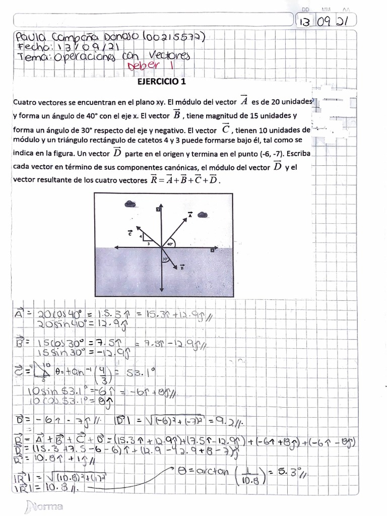 Deber 1 - Ejercicios de Vectores | PDF | Vector Euclidiano | Cálculo ...