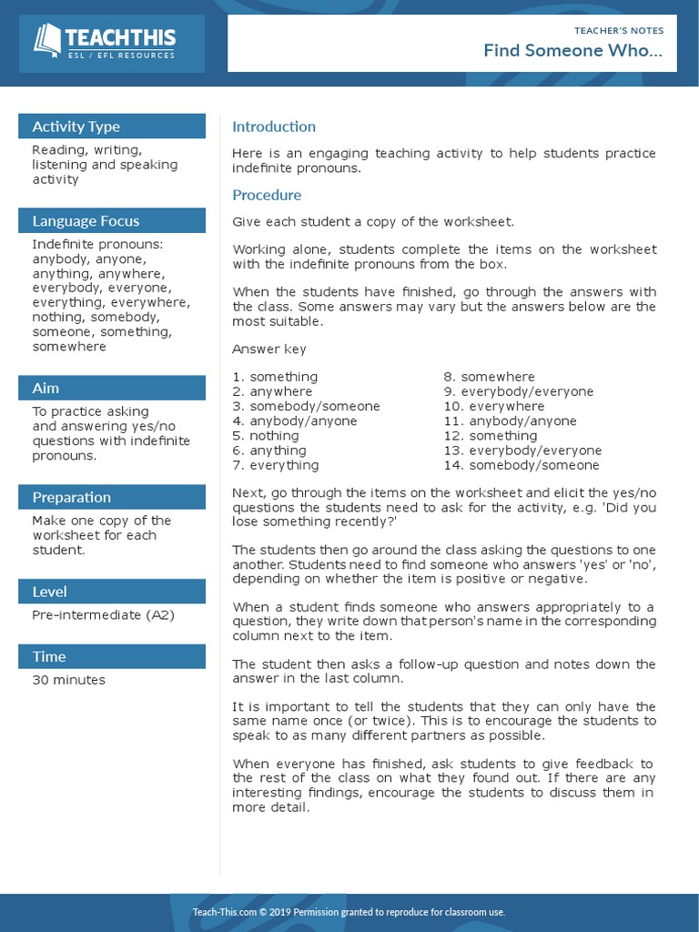 Find Someone Who (Indefinite Pronouns) | PDF | English As A Second Or ...