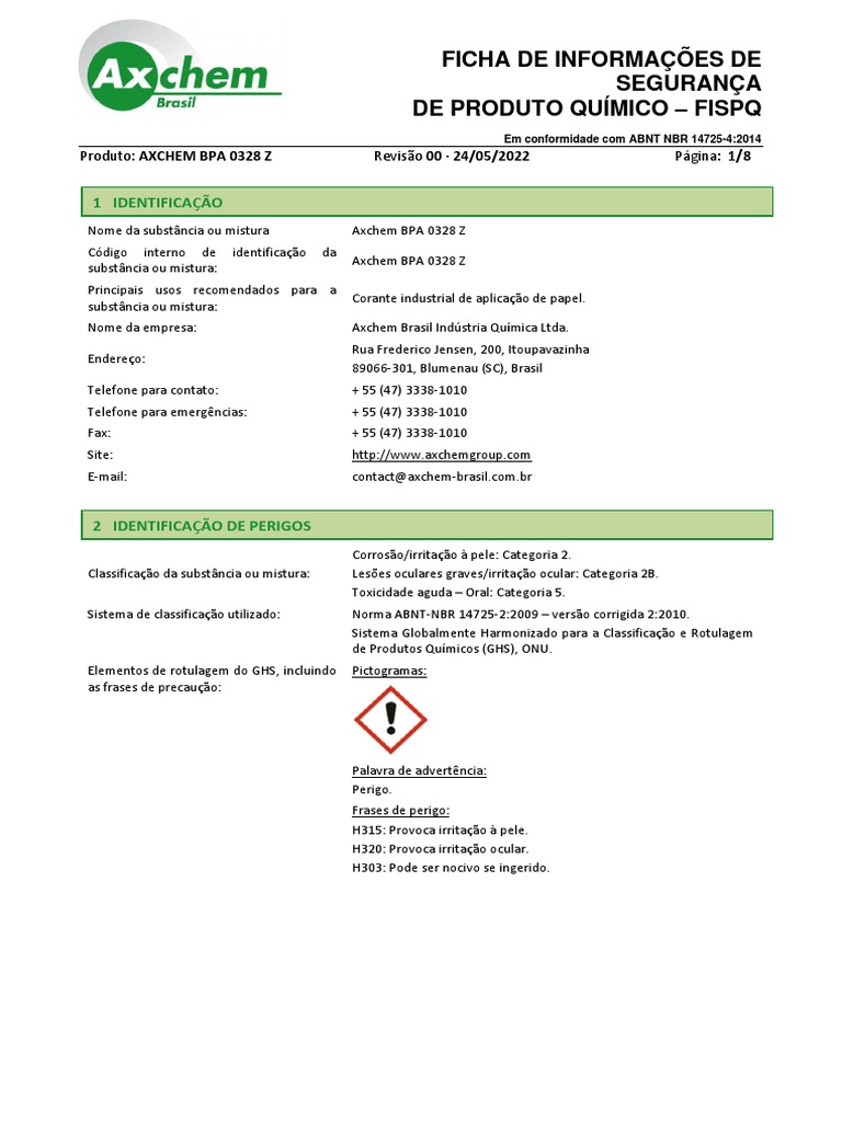 Axchem BPA 0328 Z - FISPQ | PDF | Química | Ciências Físicas