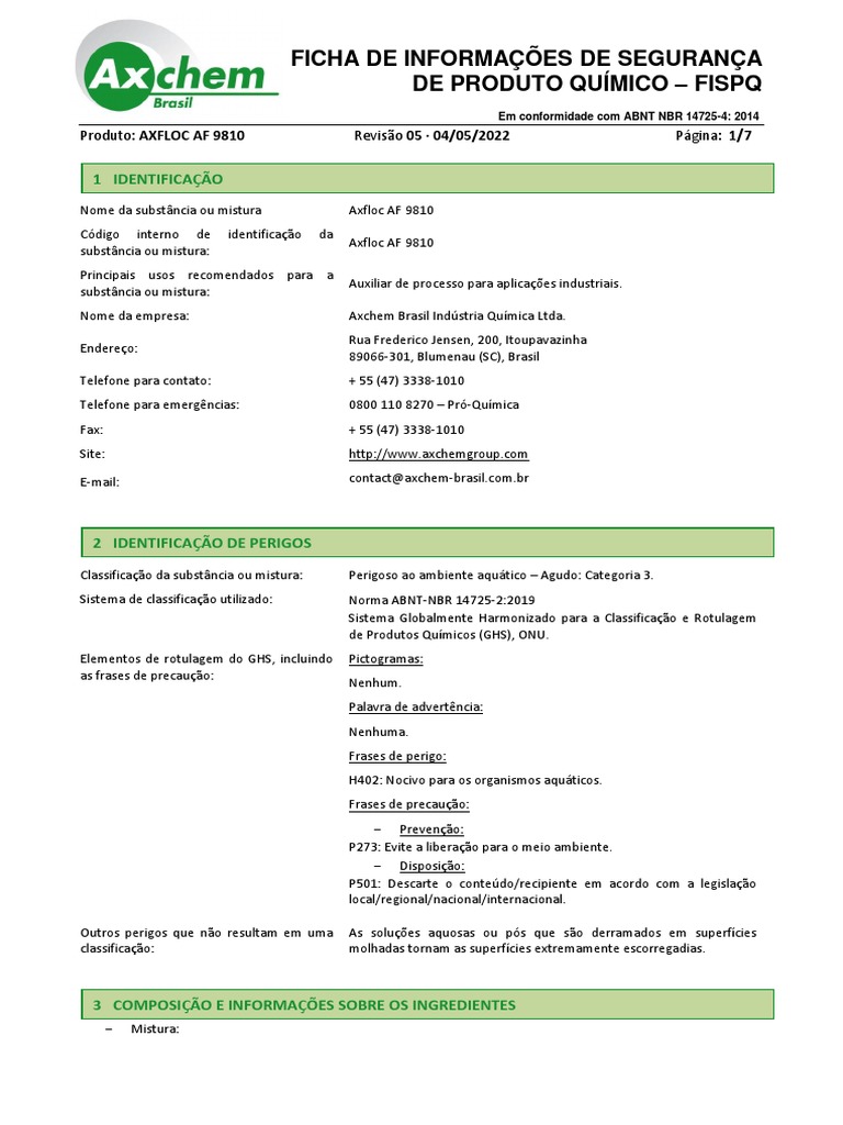 Axfloc AF 9810 - FISPQ - Rev. 04 | PDF