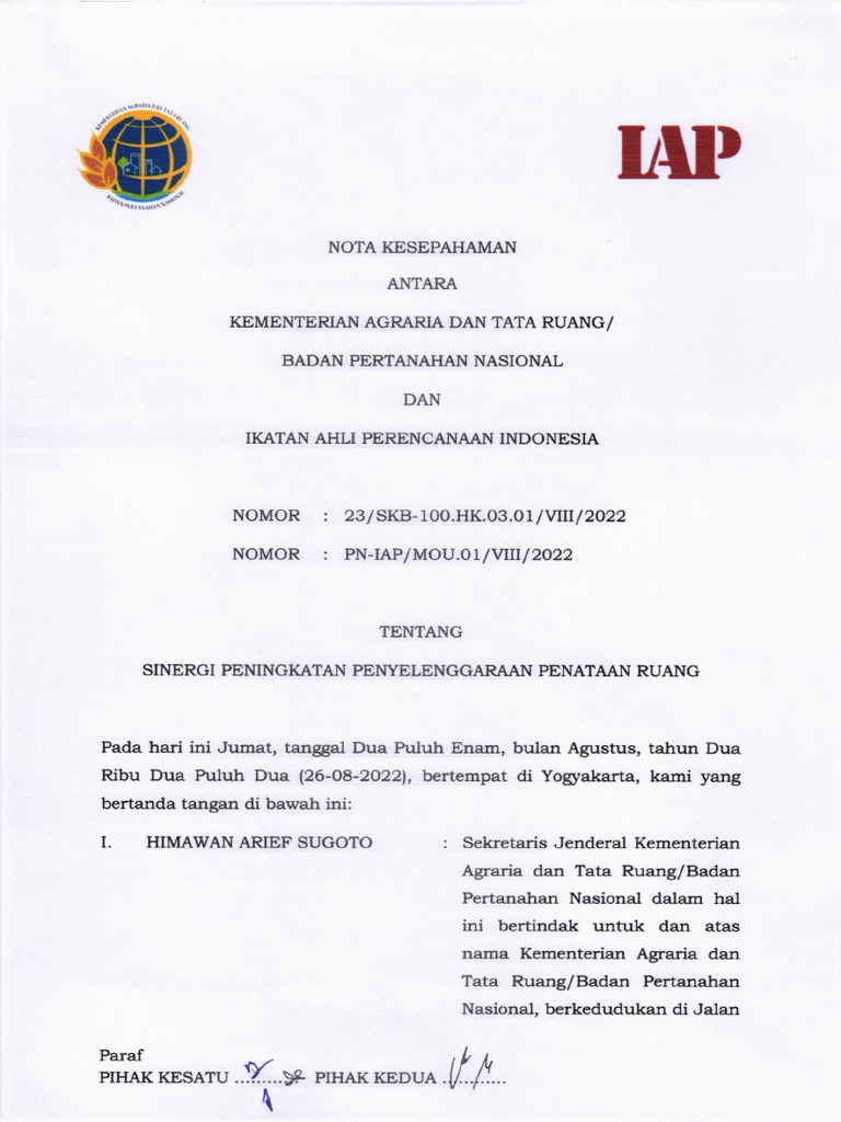 Nota Kesepahaman Kementerian ATR BPN Dan IAP Indonesia - I | PDF